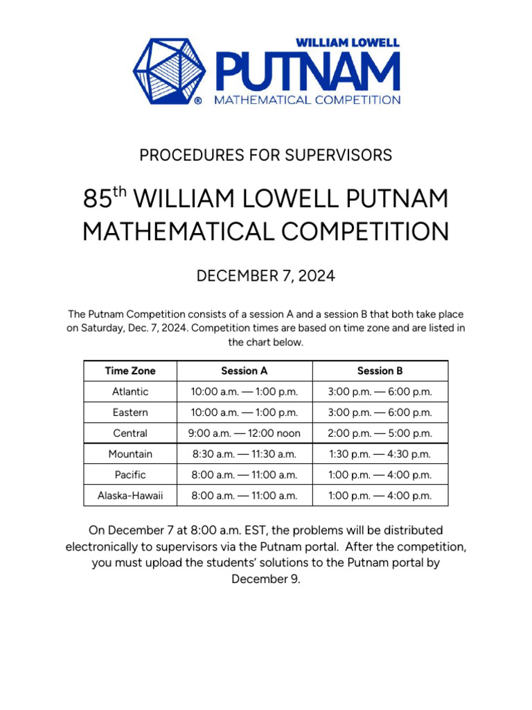 2024 Putnam Detailed Day of Procedures For Supervising FINAL | PDF