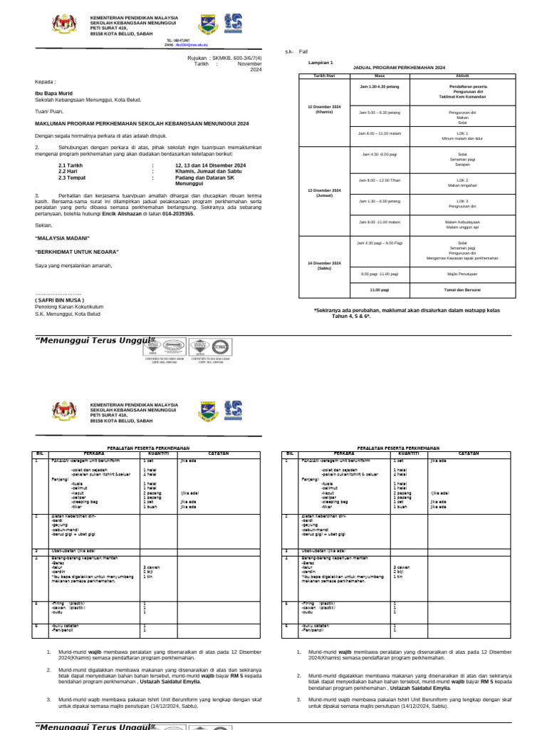 Program Perkhemahan SK Menunggui 2024 | PDF