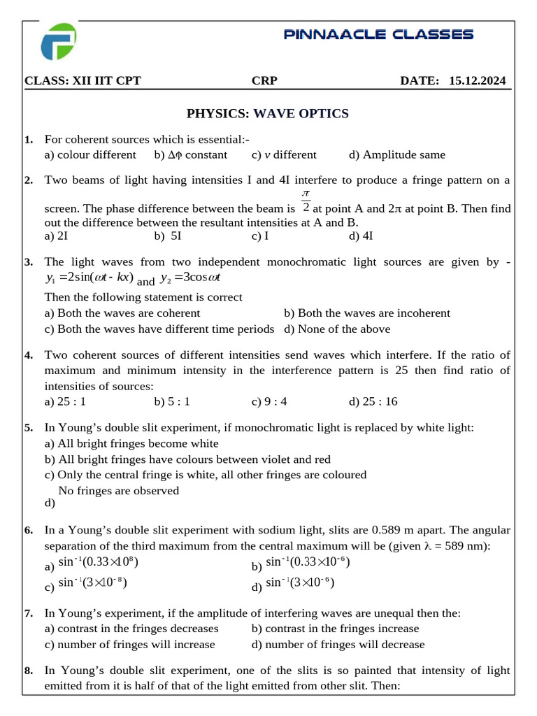 XII CRP PHY IIT CPT 15.12.24 | PDF | Diffraction | Coherence (Physics)