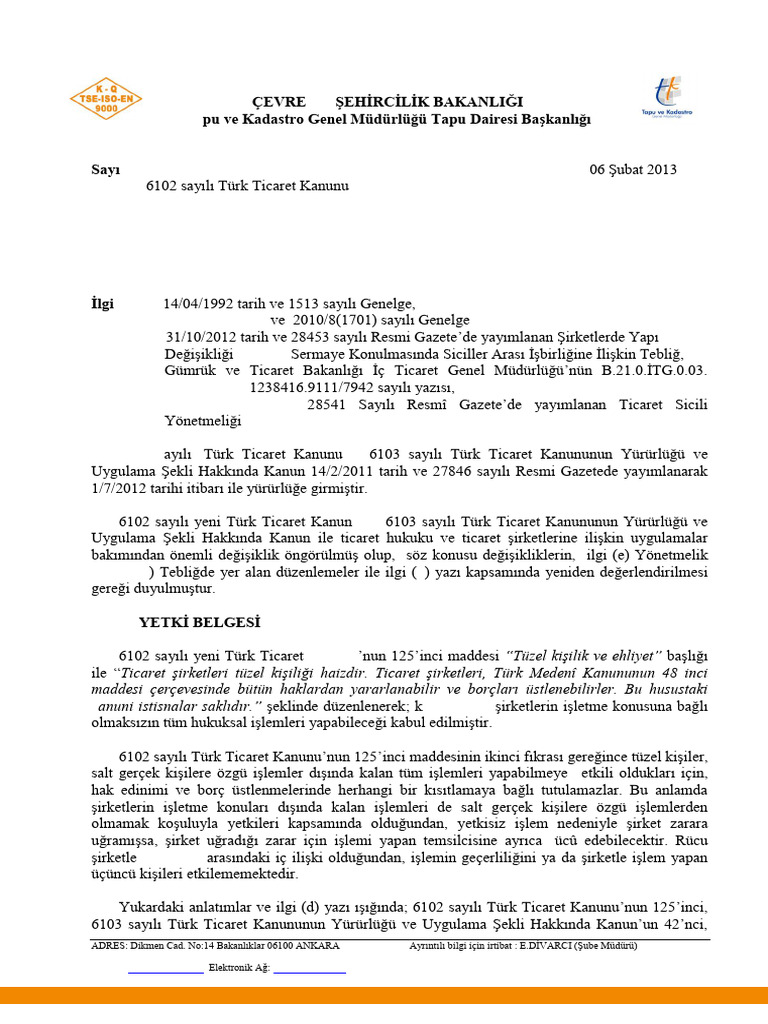 2013-7 Sayılı Tapu Ve Kadastro Genel Müdürlüğü Genelgesi Genelge No 1744 | PDF