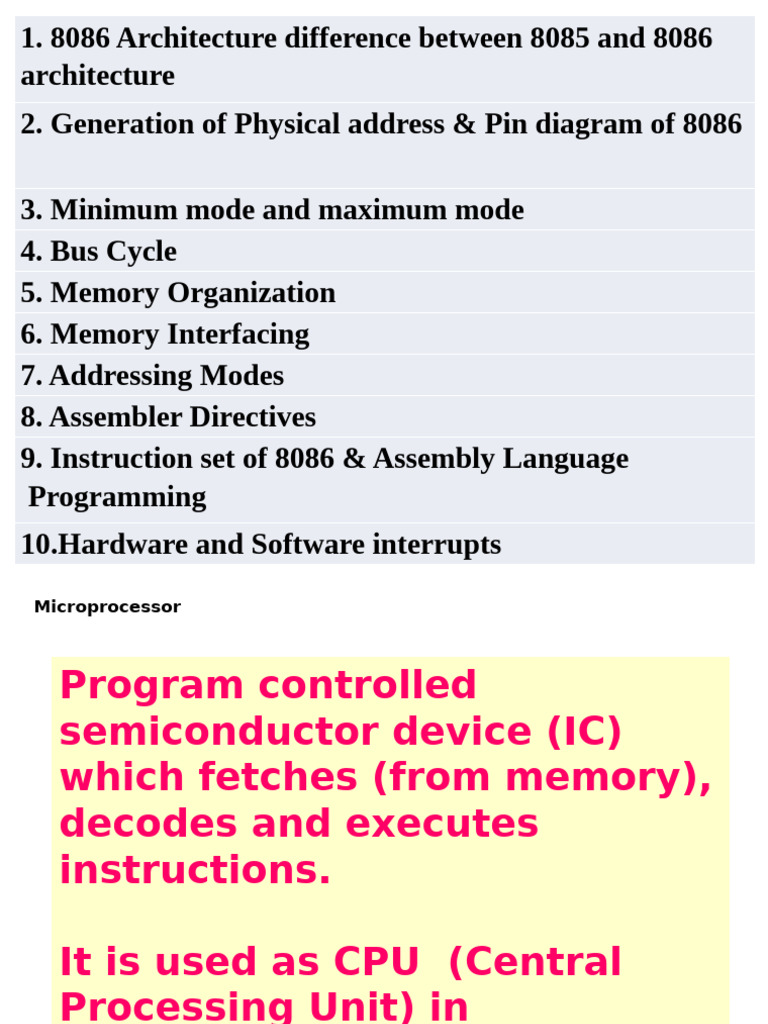 8086 Microprocessor Architecture Overview | PDF | Central Processing Unit | Assembly Language