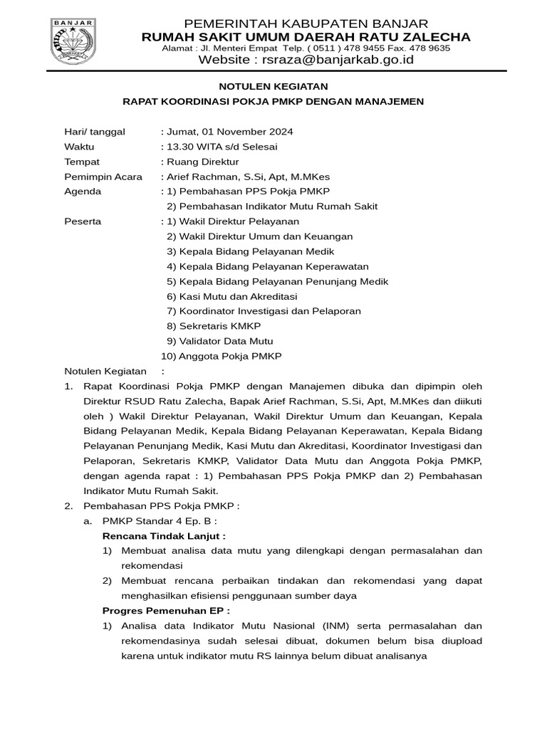 Notulen Rapat Koordinasi Pokja PMKP Dengan Manajemen | PDF