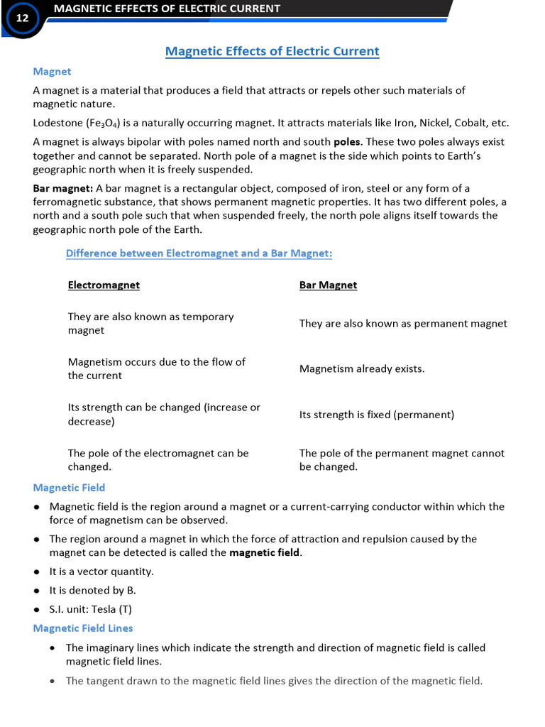 Chapter 12 Magnetic Effects of Electric Current | PDF | Magnet | Magnetic Field