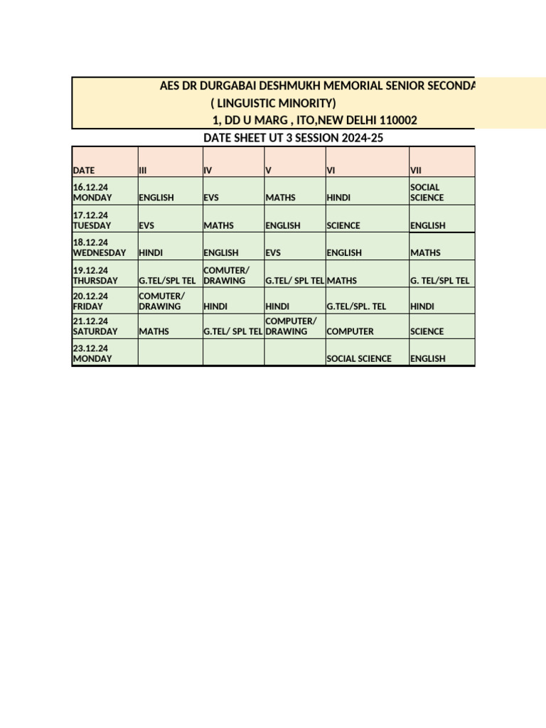 UT 3 Datesheet 2024-25 Modified | PDF