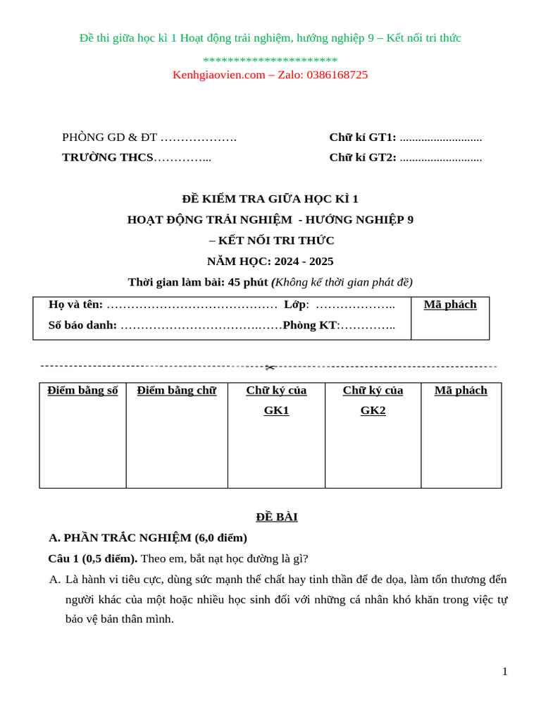 De Thi Ghk1 Hdtn 9 Kntt | PDF