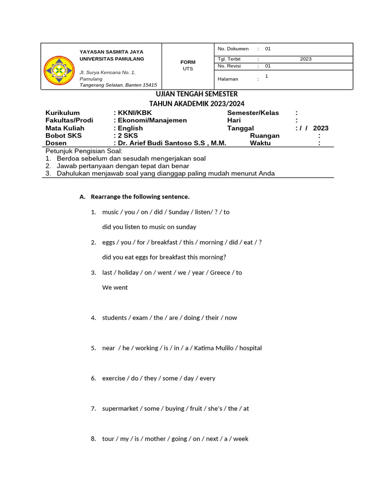 UTS BAHASA INGGRIS Basic 2023 | PDF | Grammar | Syntax