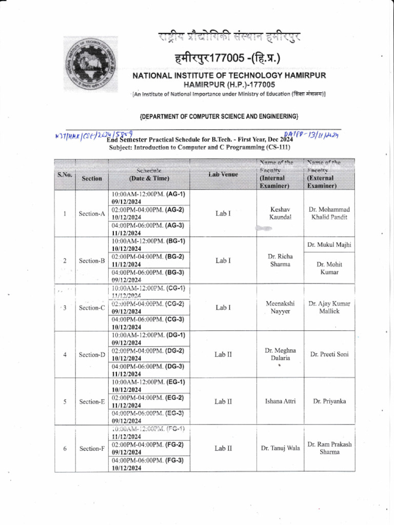 Revised Lab Schedule DoCSE - 241128 - 185412 | PDF