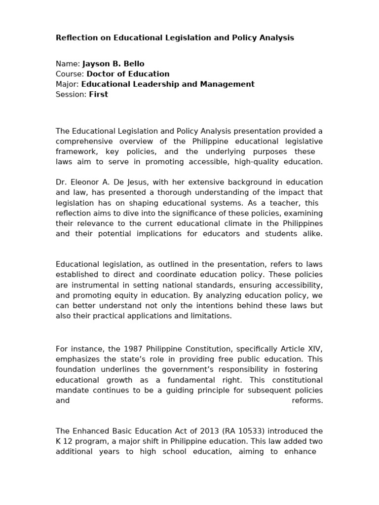 Reflection On Educational Legislation and Policy Analysis Session 1 ...