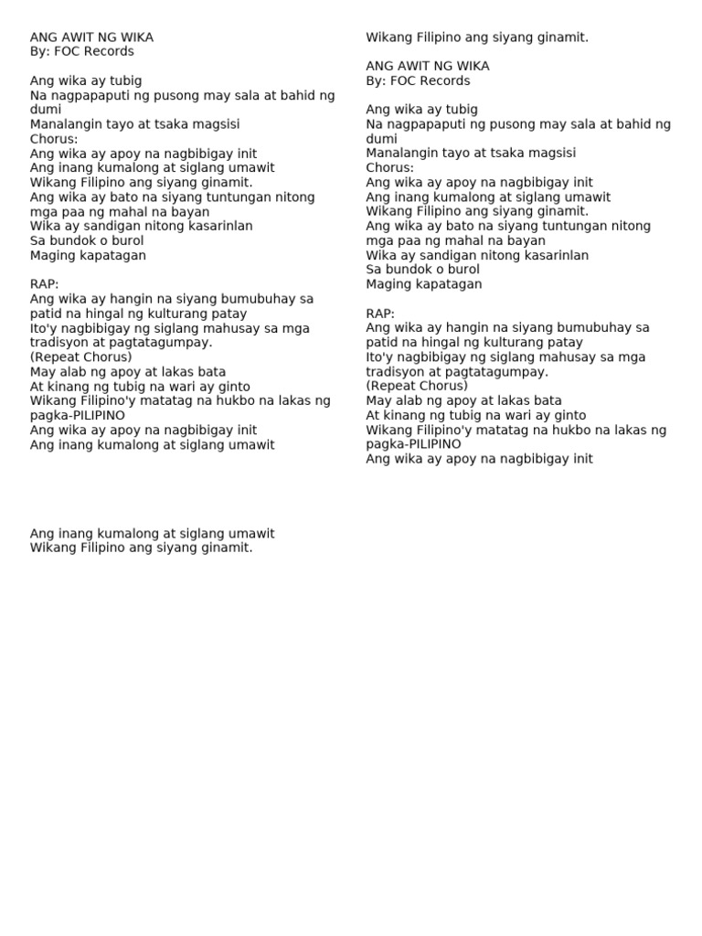 Ang Awit NG Wika Community Song | PDF