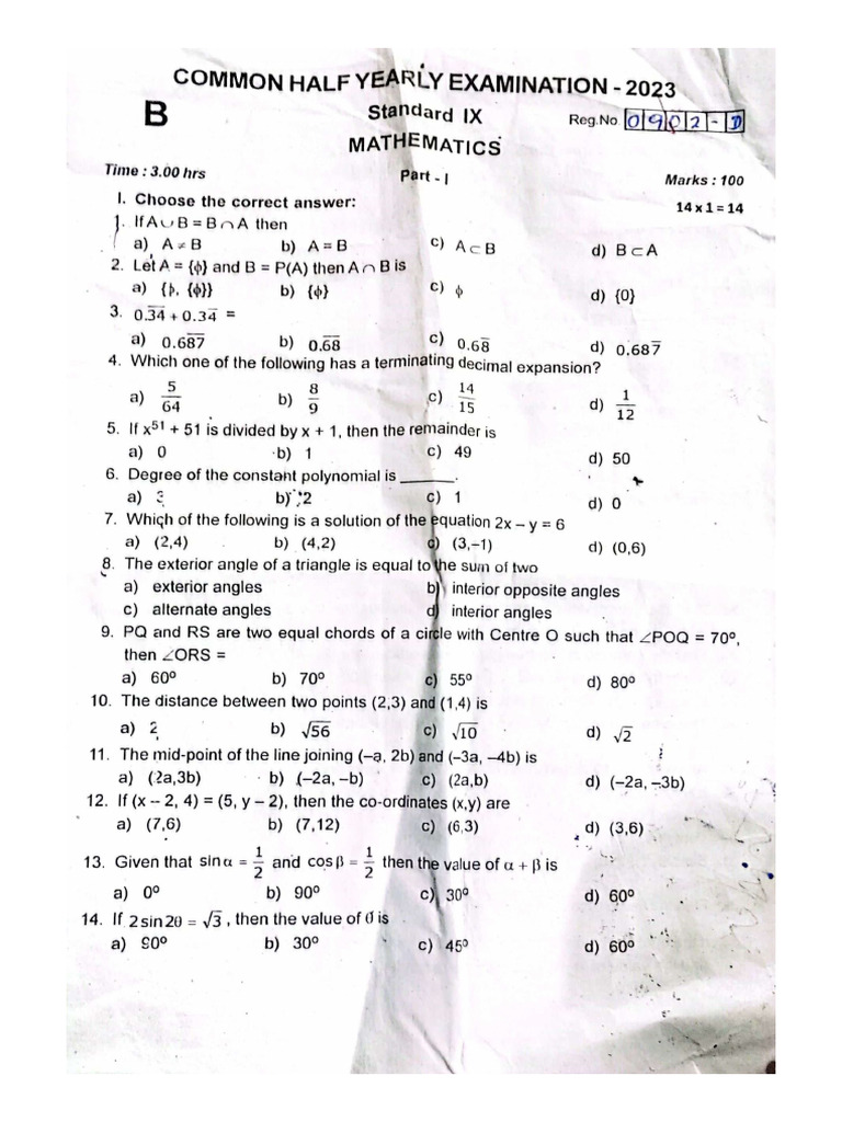 9th Maths EM Half Yearly Exam 2023 Question Paper Kanchipuram District English Medium PDF ...