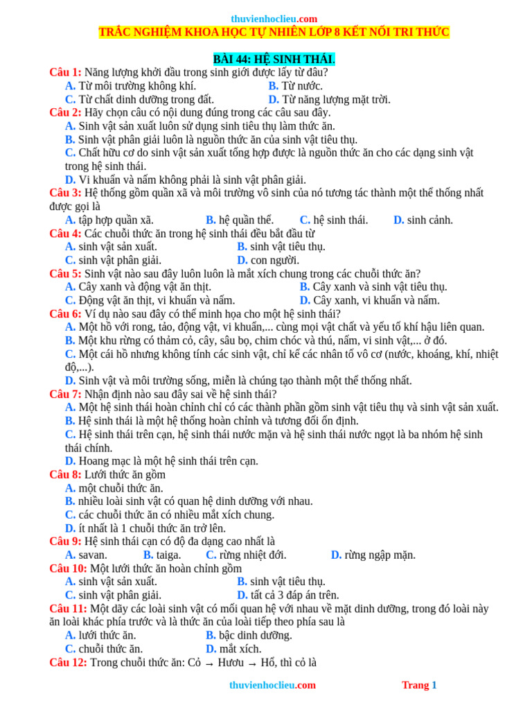 thuvienhoclieu.com-Trac-nghiem-KHTN-8-KNTT-Bai-44 | PDF