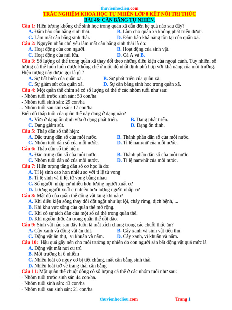 Trac Nghiem KHTN 8 KNTT Bai 46 | PDF