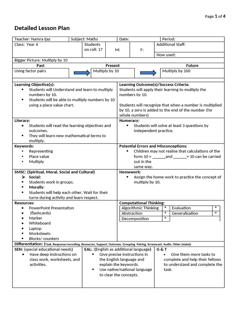 Lesson plan 3- Multiply by 10 | PDF | Lesson Plan | Multiplication