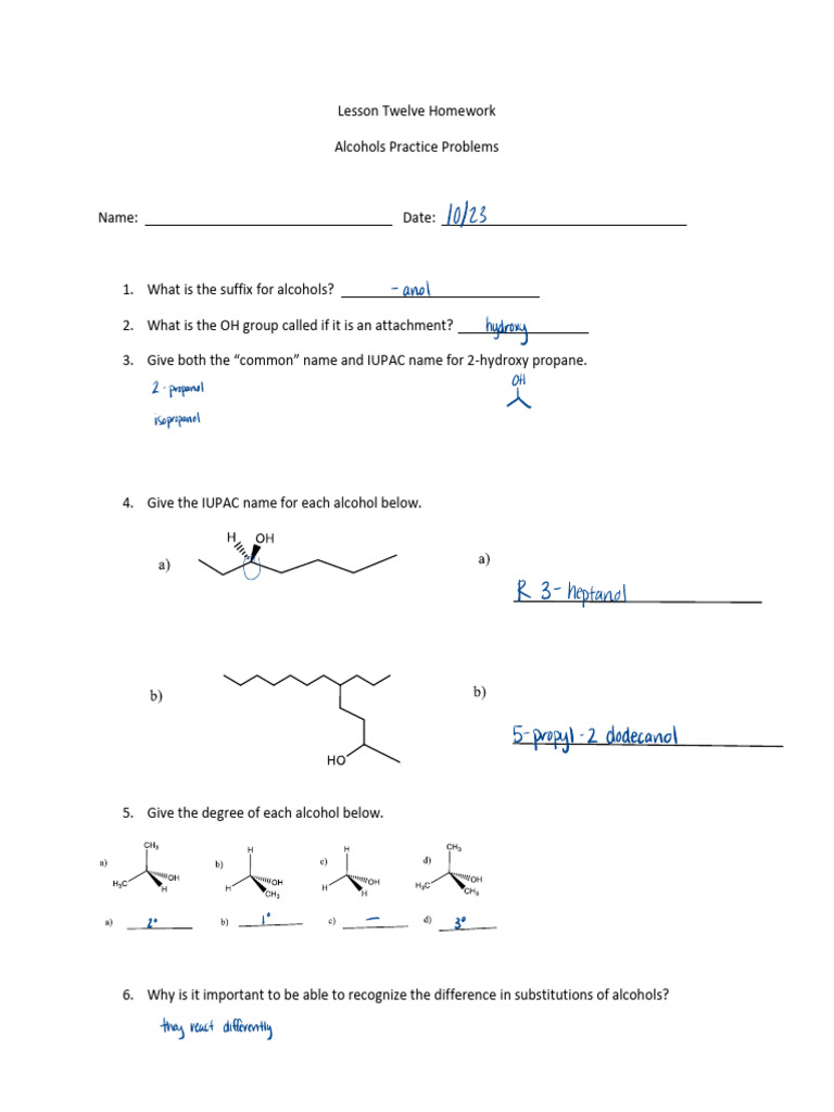 Lesson 12 Homework Alcohols Fall 2025 | PDF | Aldehyde | Chemical Reactions