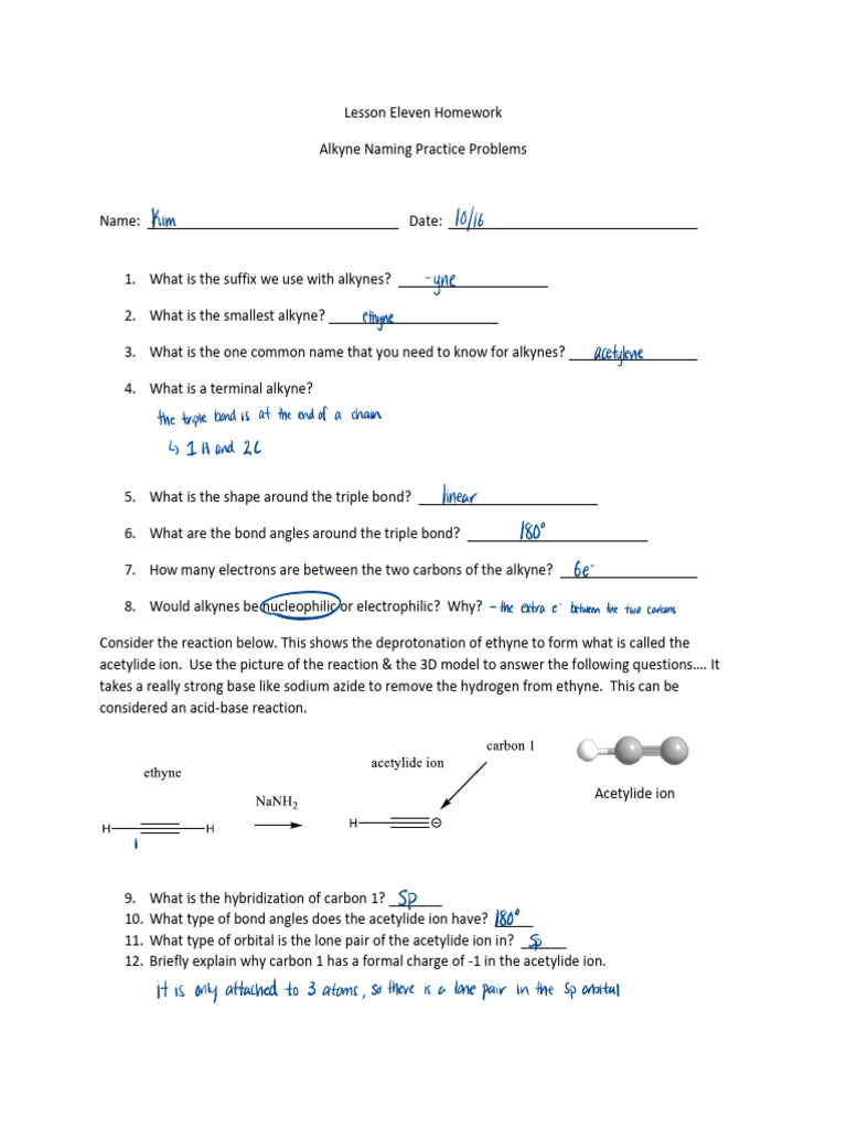 Lesson 11 Homework Alkyne Naming Fall 2025 | PDF | Chemical Reactions ...