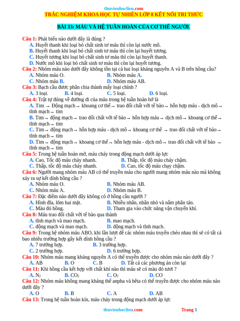 Trac Nghiem KHTN 8 KNTT Bai 33 Hay | PDF