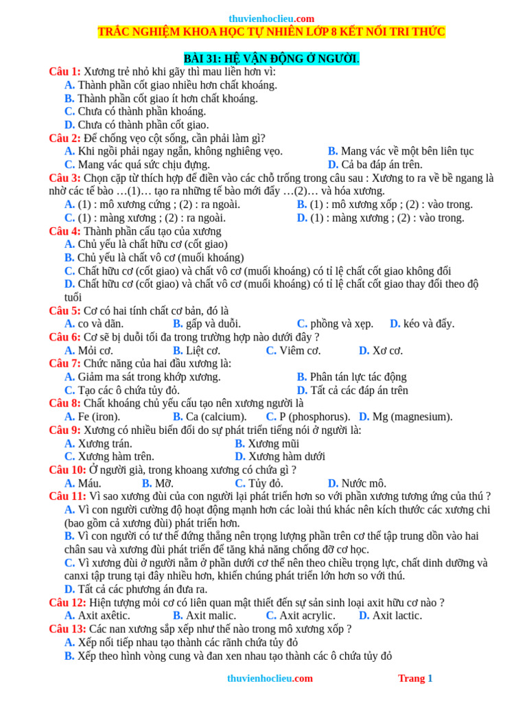 Trac Nghiem KHTN 8 KNTT Bai 31 Hay | PDF
