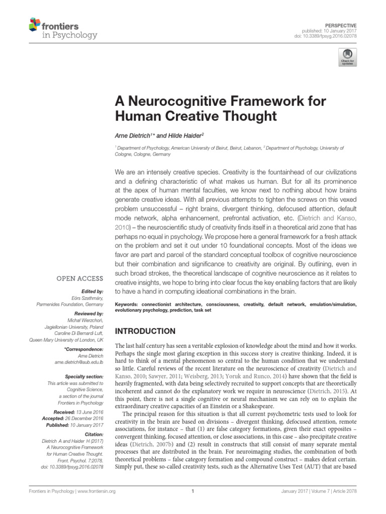 A Neurocognitive Framework For Human Creative Thought. | PDF ...