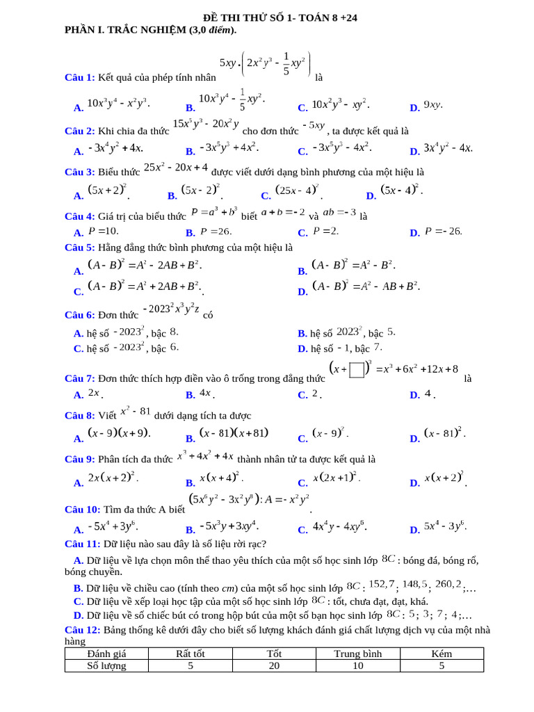 ĐỀ THI THỬ SỐ 1- T8 +24 | PDF