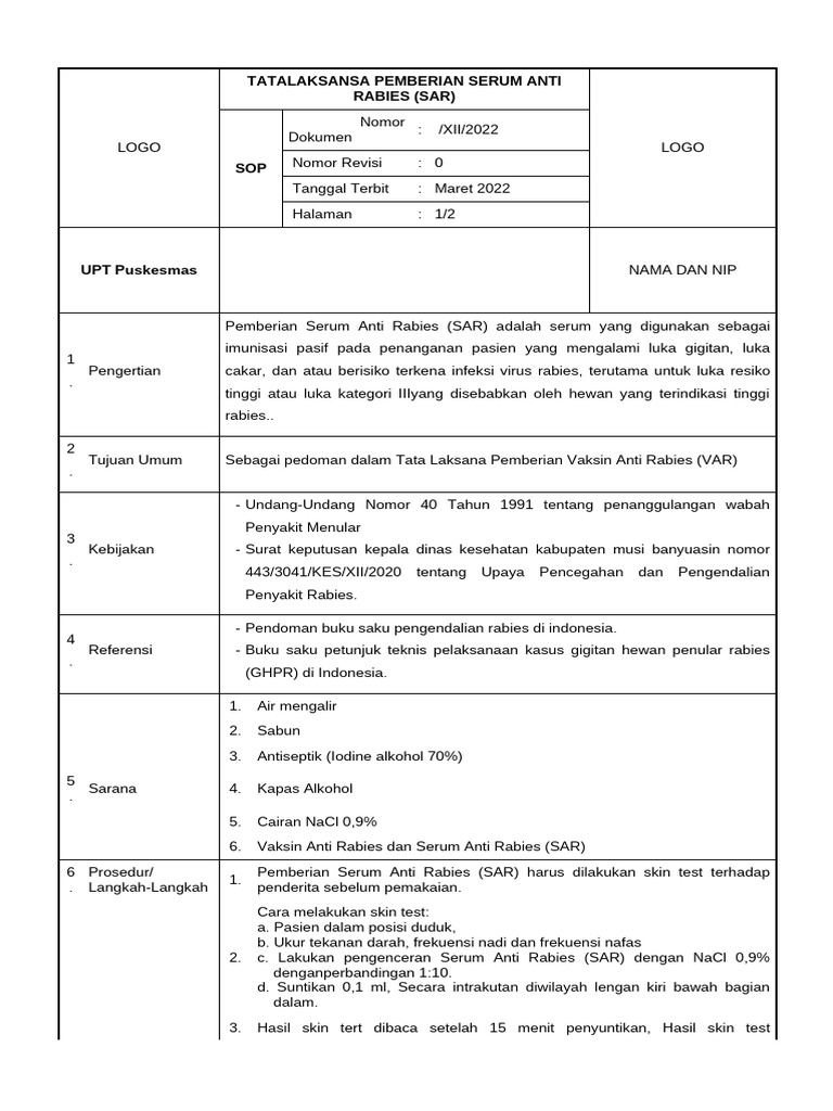 SOP PEMBERIAN SERUM ANTI RABIES | PDF