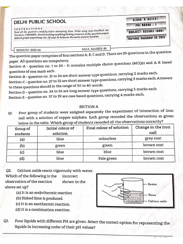 Delhi Public 10 Sci Pre Board | PDF
