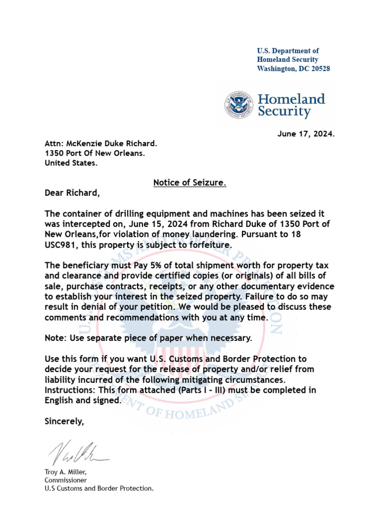 Notice of Seizure - Customs | PDF