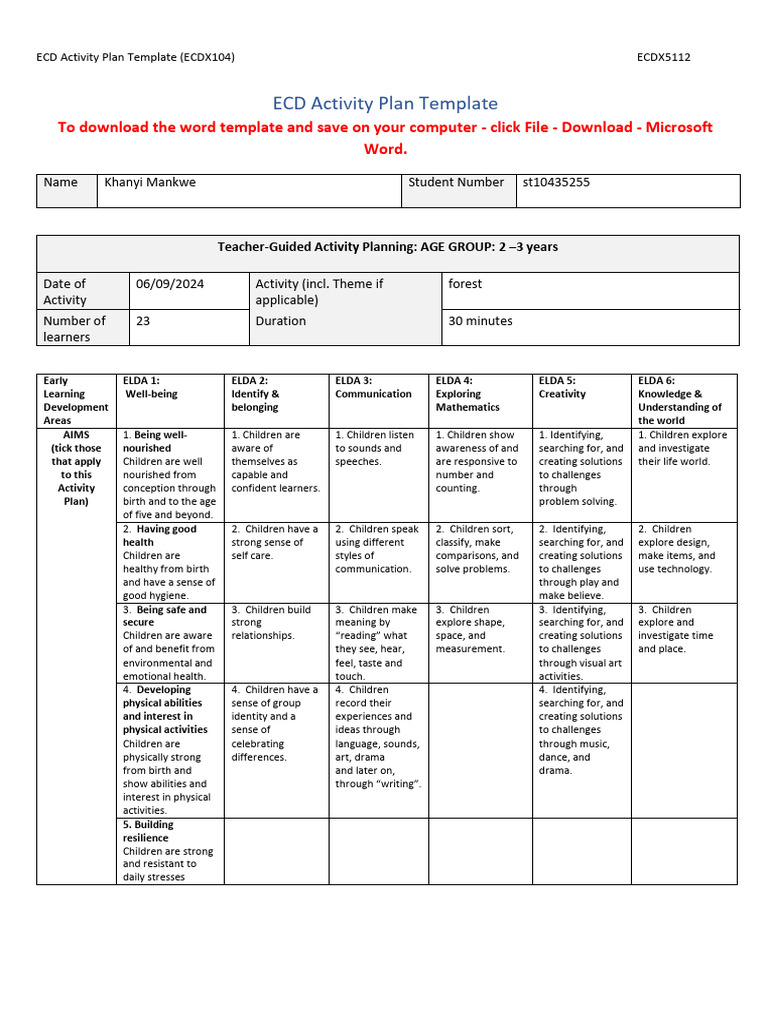 ECD Activity Plan Template for Ages 2-3 | PDF | Human Communication ...