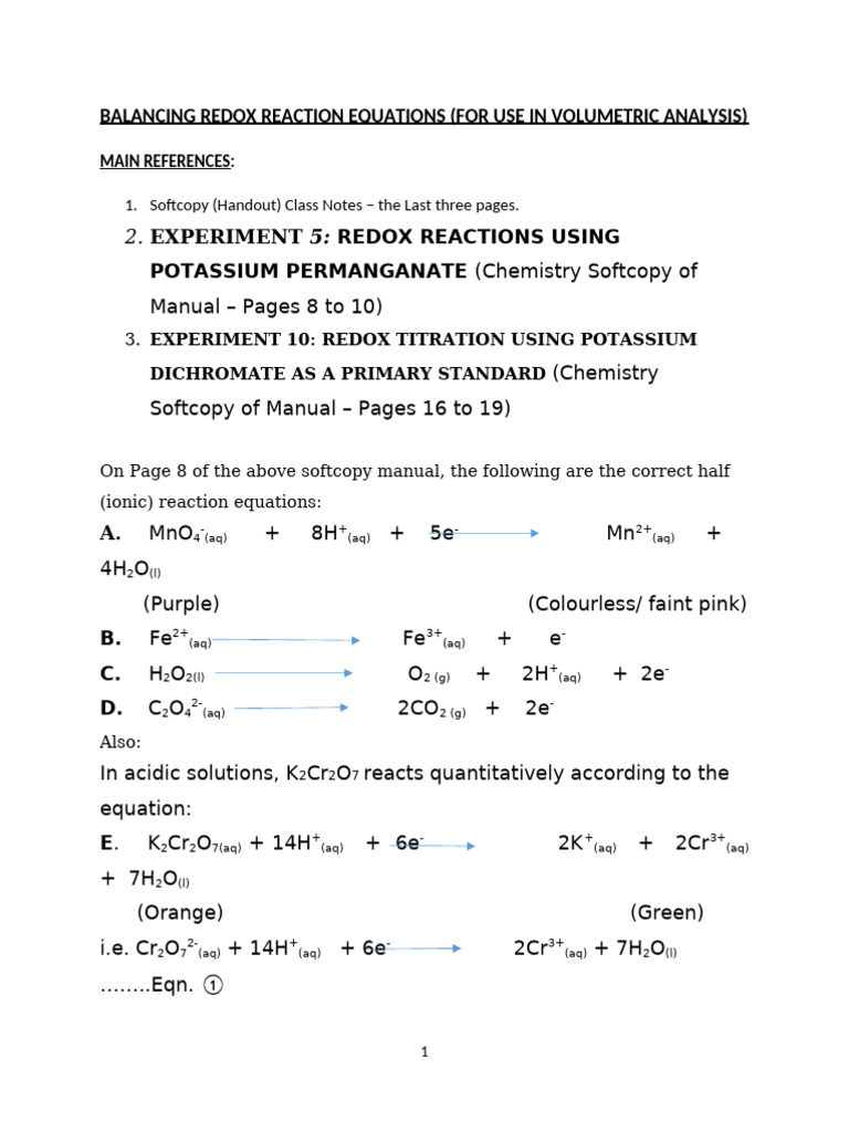 Balancing Redox Reaction Equations (For Use in Volumetric Analysis ...