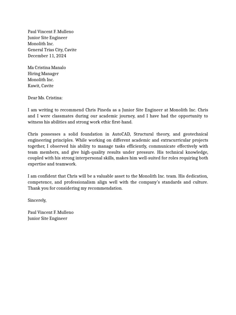 Dianito - Recommendation Letter | PDF