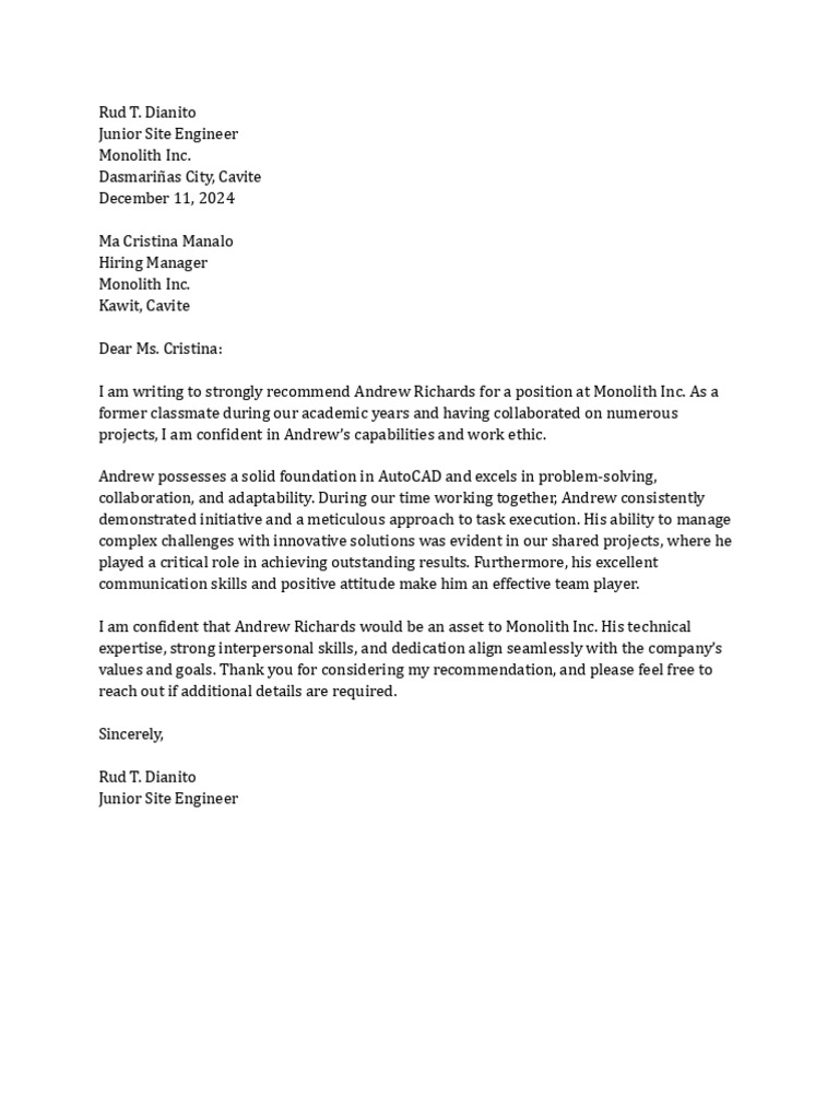 Dianito - Recommendation Letter | PDF