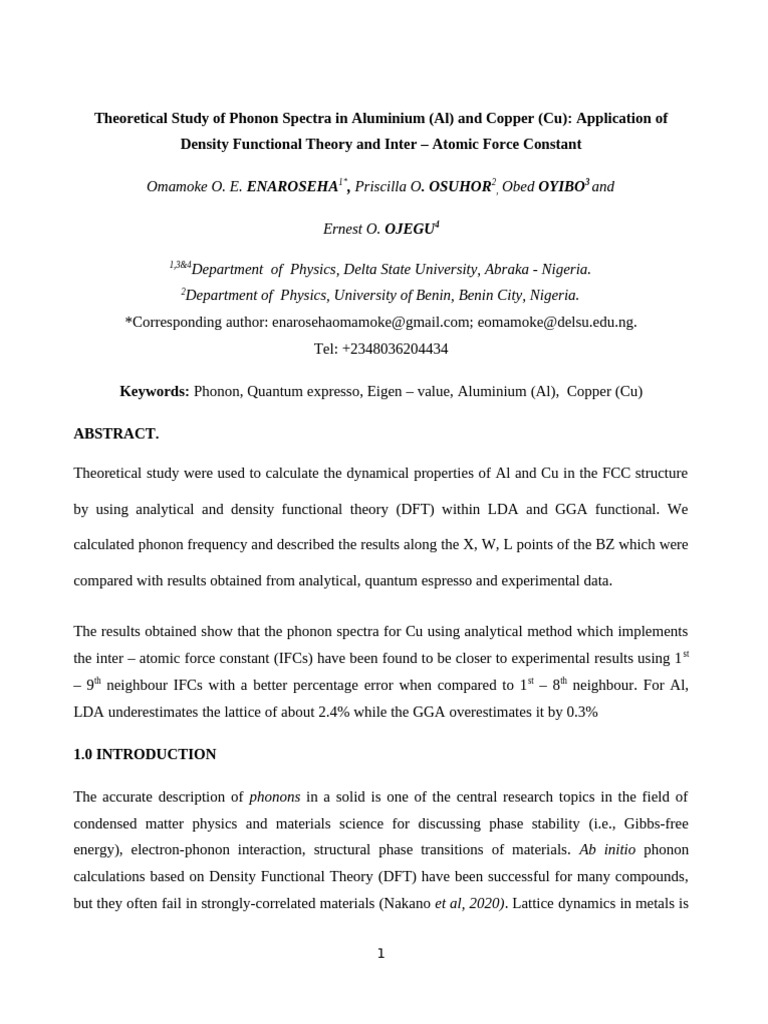 Theoretical Study of Phonon Spectra in Aluminium and Copper | PDF | Density Functional Theory ...