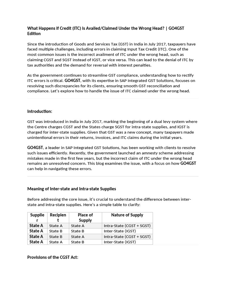 What Happens if Credit (ITC) is Availed:Claimed Under the Wrong Head ...