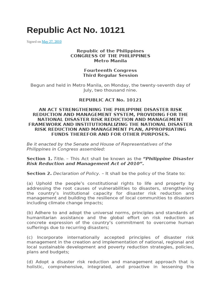 Republic Act No 10121 | PDF | Disaster Risk Reduction | Emergency ...