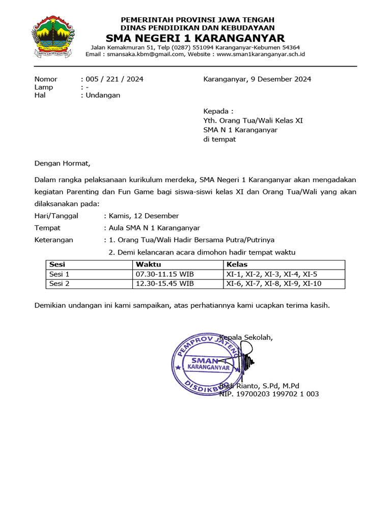 Undangan Parenting Kelas Xi | PDF