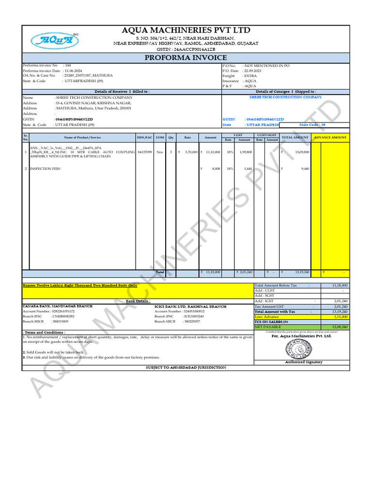Proforma Invoice 144_SHREE TECH CONSTRUCTION COMPANY (23249) FINAL | PDF