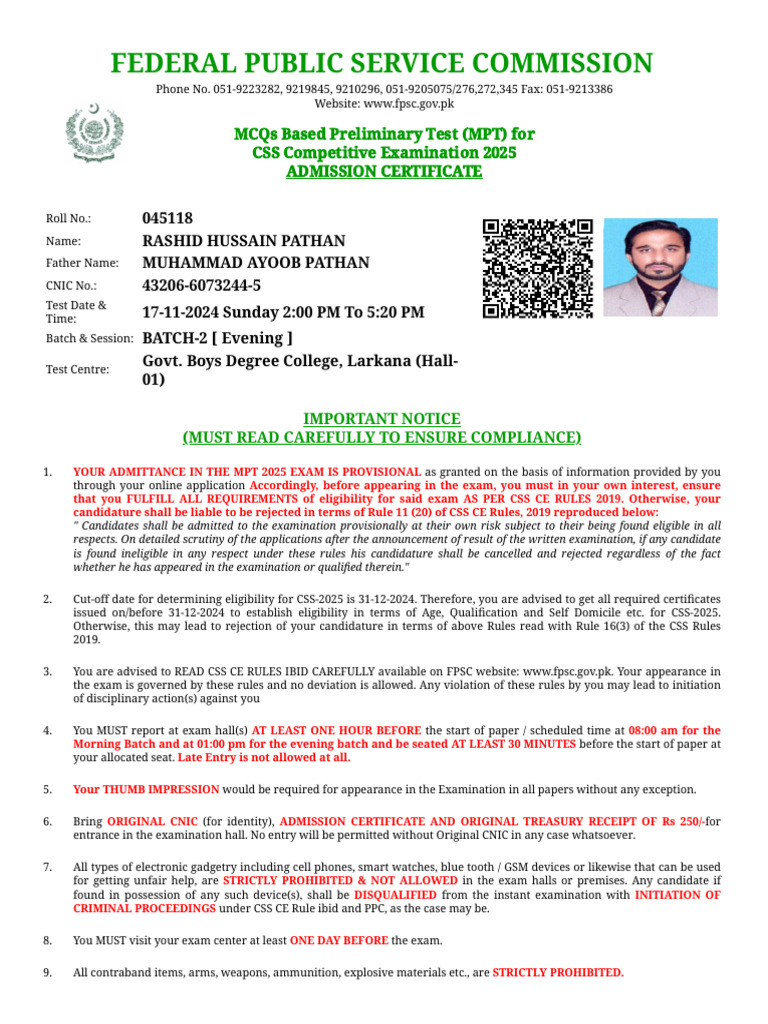 Online.fpsc.Gov.pk Fpsc Css Prelim Exam 2025 Bk Reports Css Mpt Ac ...