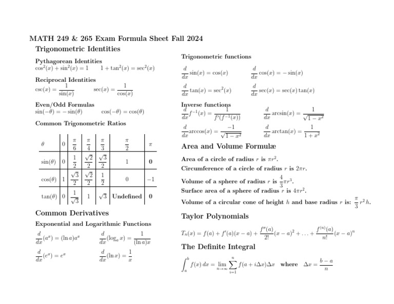 249 265 Formula Sheet | PDF | Trigonometric Functions | Geometry