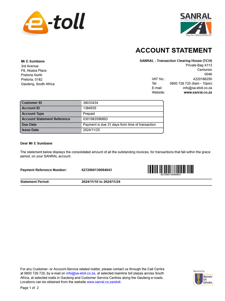 SANRAL Account Statement for Mr. Sumbane | PDF | Banks | Credit Card