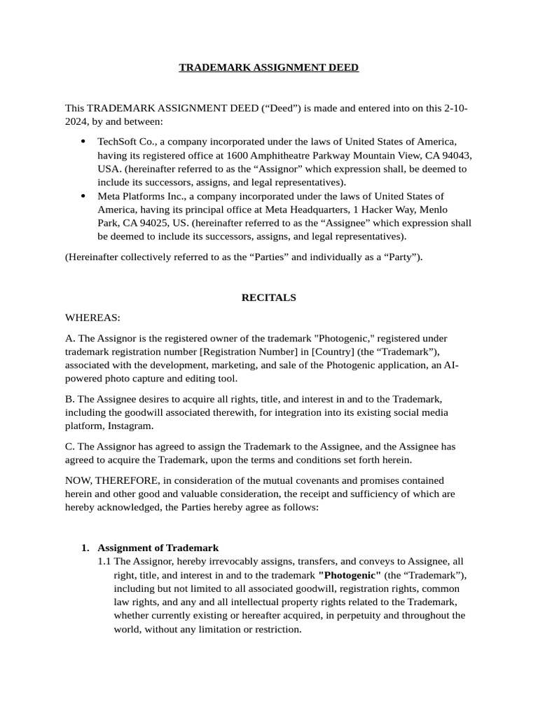Trademark Assignment Agreement | PDF | Assignment (Law) | Trademark