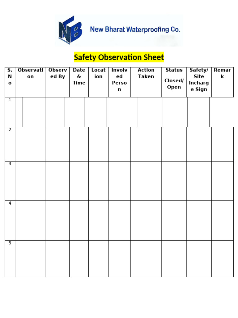 Safety Observation Log Template | PDF