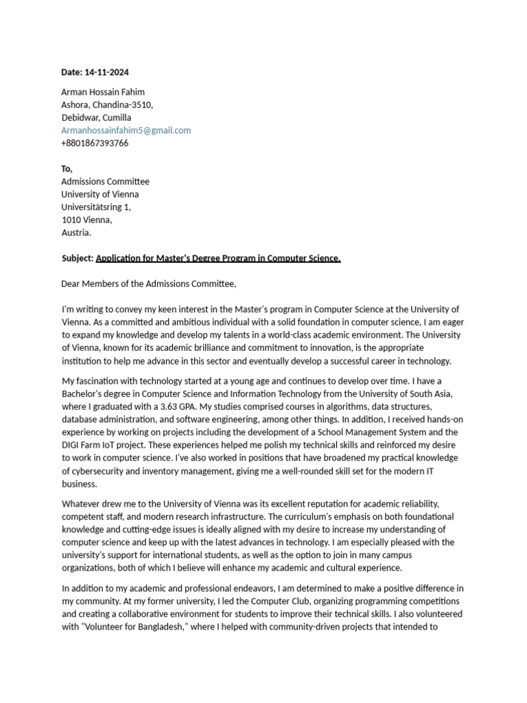 Master's Motivation for Vienna University | PDF | Computer Science ...