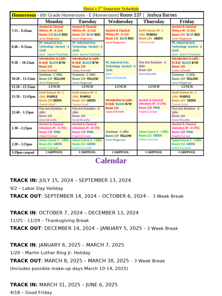 Shria's 6th Grade Schedule 1st Sem | PDF