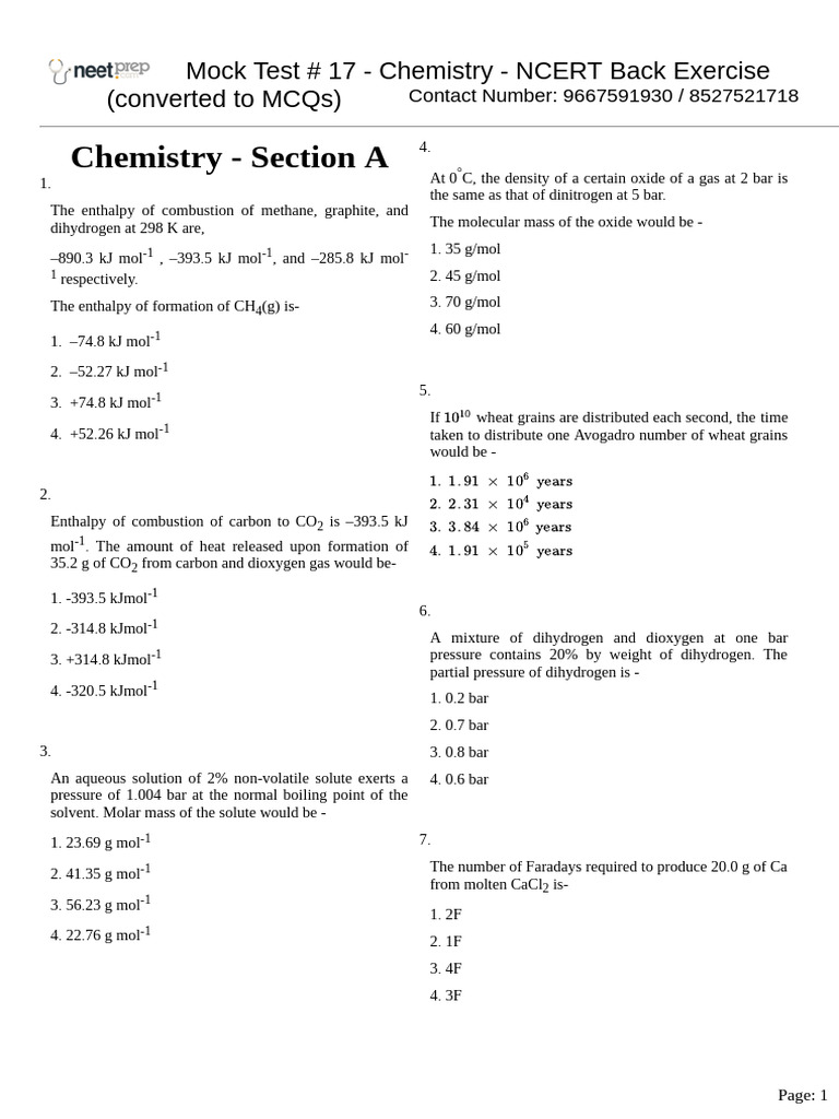 Mock Test # 17 Chemistry 9 Chapters NCERT Back Exercise | PDF | Redox ...