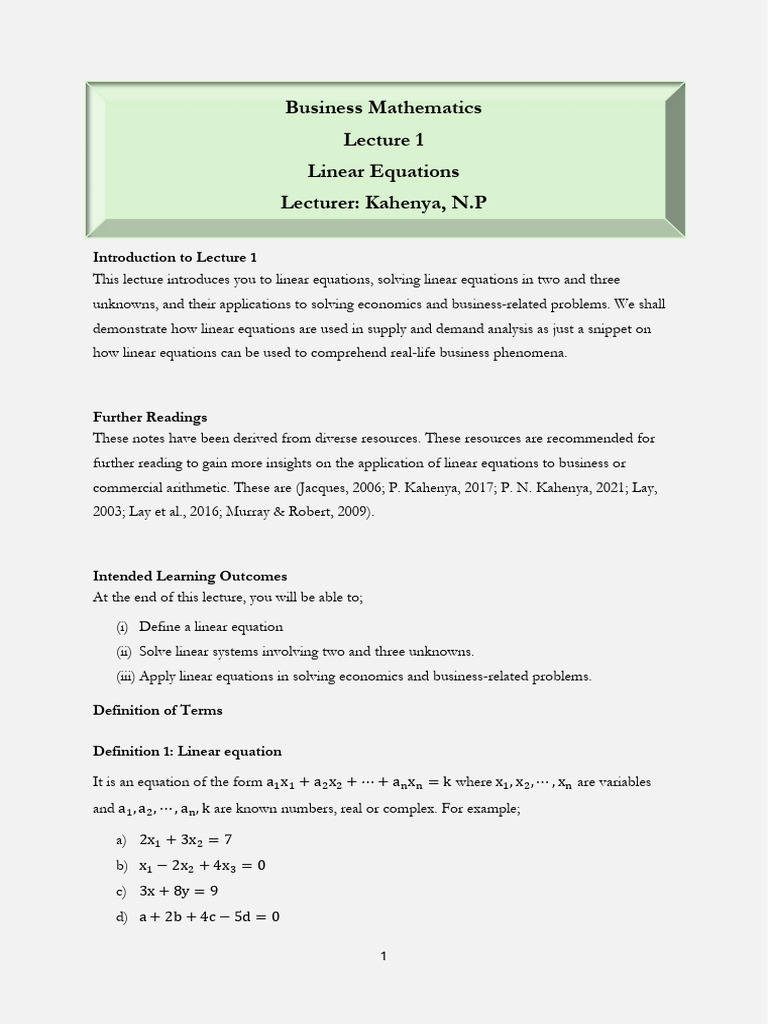 [Business Mathematics] Week 1_Linear Equations | PDF | Supply (Economics) | Demand