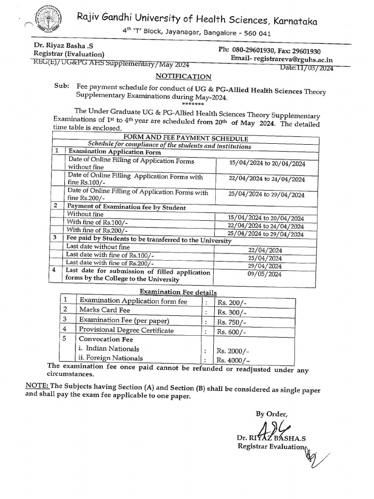 AHS Supplementary UG Fee Notification and Timetable May 2024 | PDF