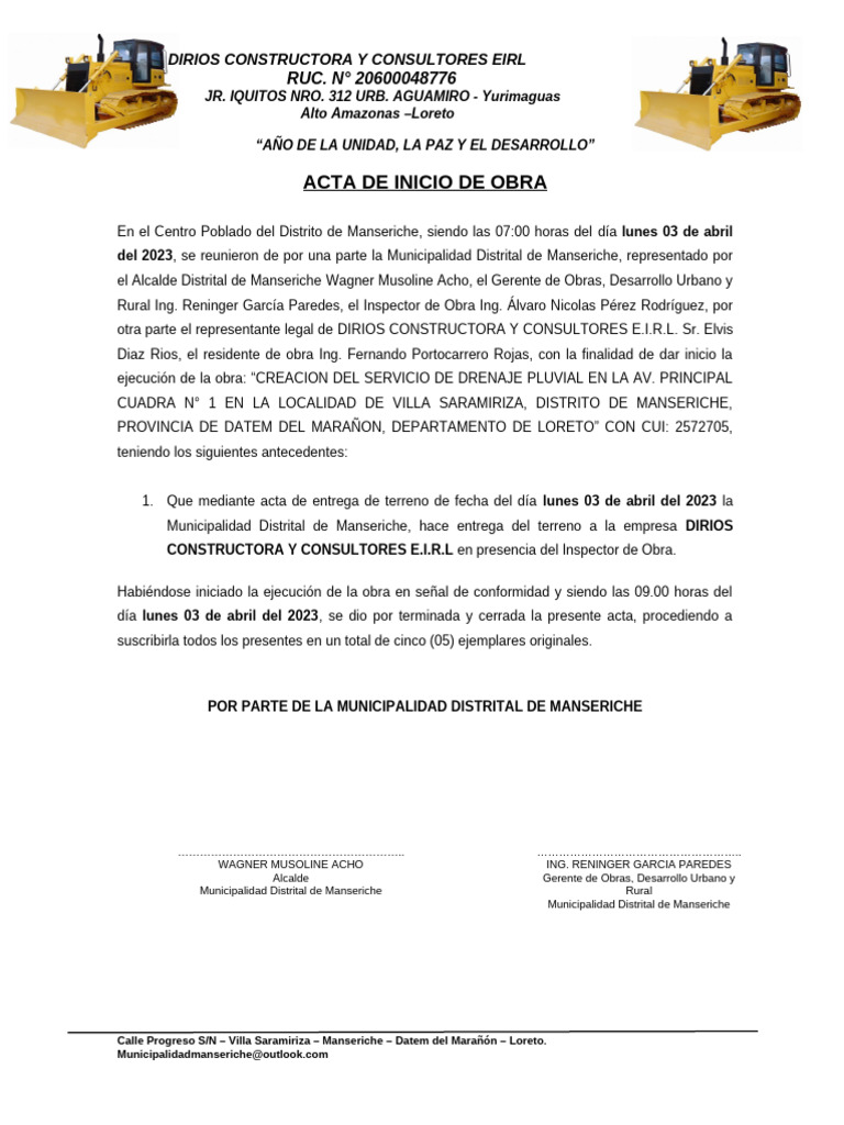 Acta de Inicio de Obra | PDF