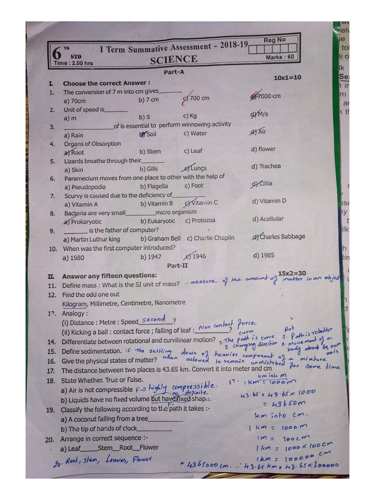 6th Science Answer Key With Question Paper For 1st Term Exam 2018 ...