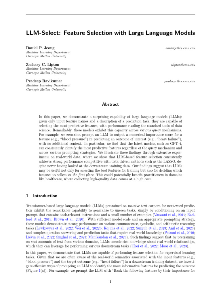 LLM-Select: Feature Selection With Large Language Models: Daniel P. Jeong | PDF | Cognitive ...