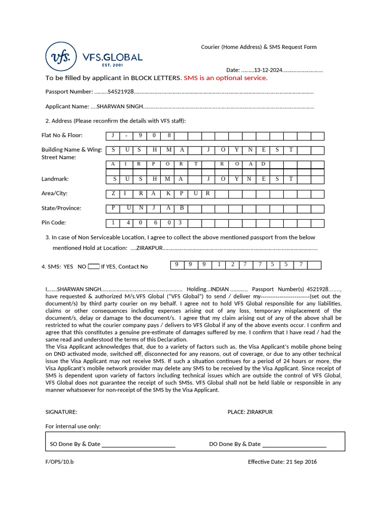 Courier-SMS-Request-Form For FRANCE Sharwan Singh | PDF | Travel Visa