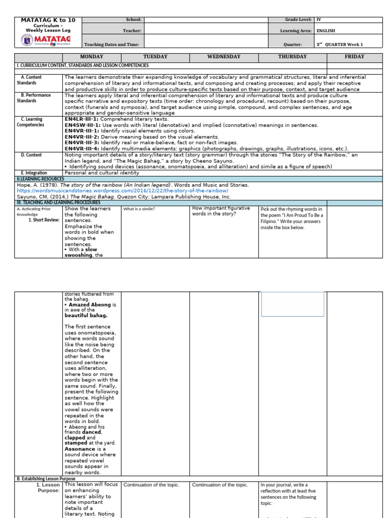 DLL - English 4 - Q3 W1 Final | PDF | Reading Comprehension